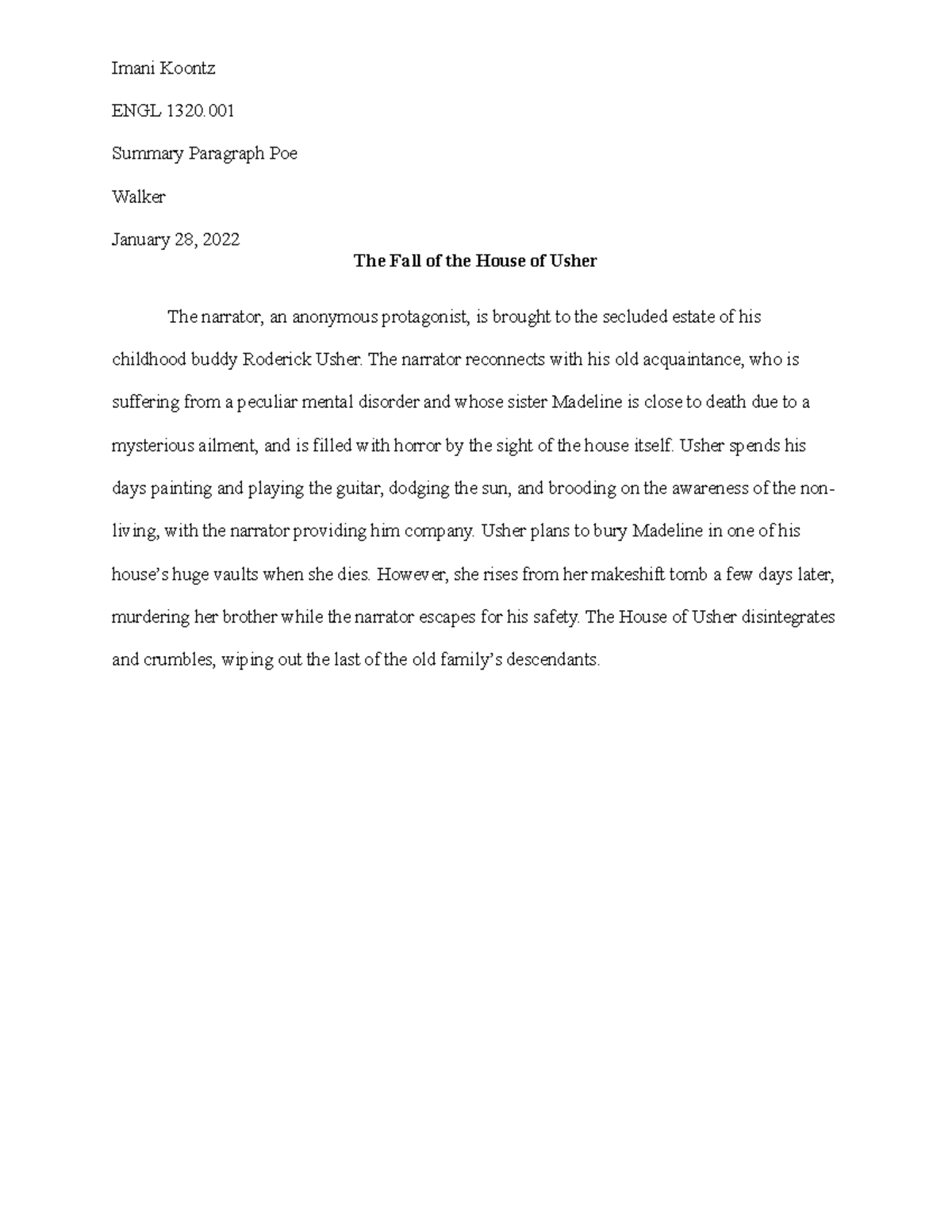 The Fall of the House of Usher Summary - Imani Koontz ENGL 1320 ...