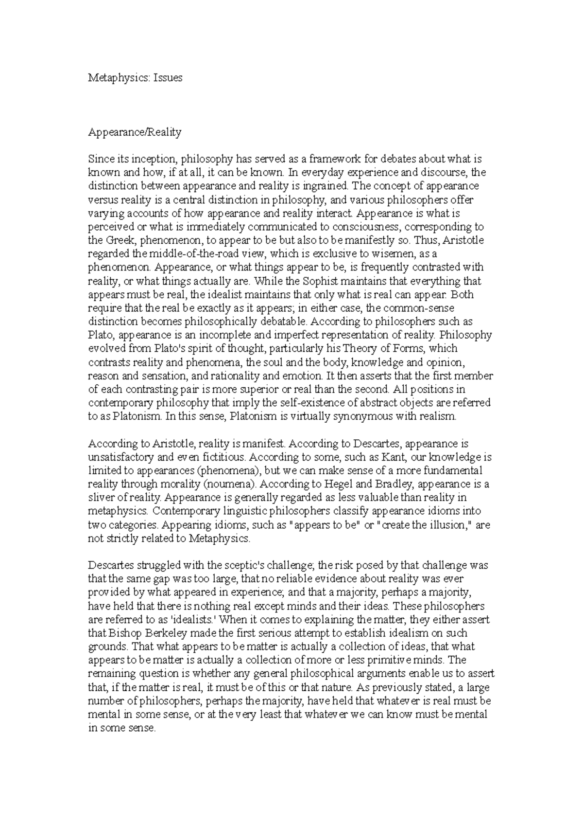 Metaphysical Issues - Lecture notes 7 - Metaphysics: Issues Appearance ...