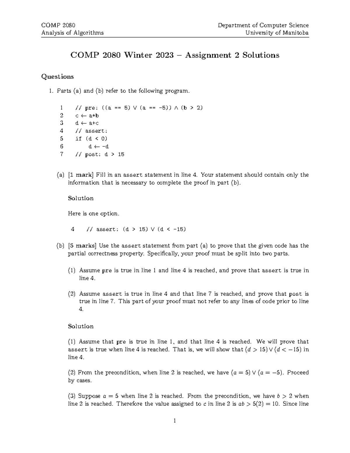 COMP2080 A2 Winter 2023 sol - Analysis of Algorithms University of Manitoba COMP 2080 Winter ...