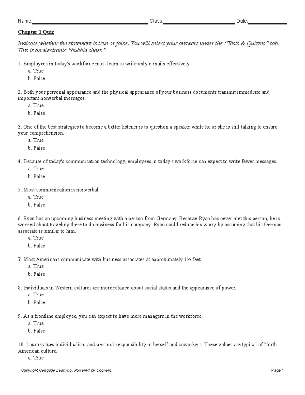 Chapter 1 Quiz Bus Comm - Chapter 1 Quiz Indicate whether the statement ...