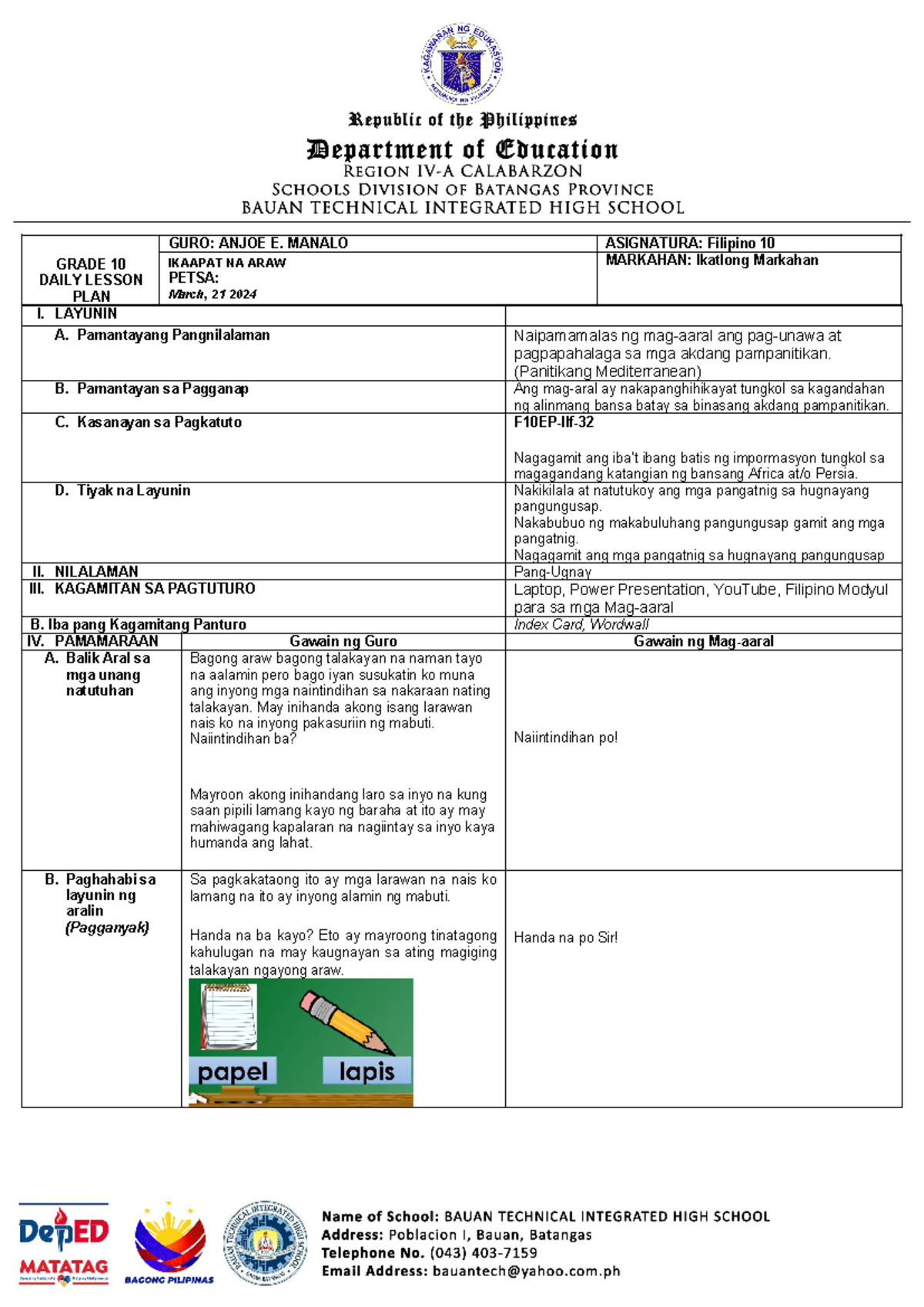 PANG Ugnay 4th day - GRADE 10 DAILY LESSON PLAN GURO: ANJOE E. MANALO ...