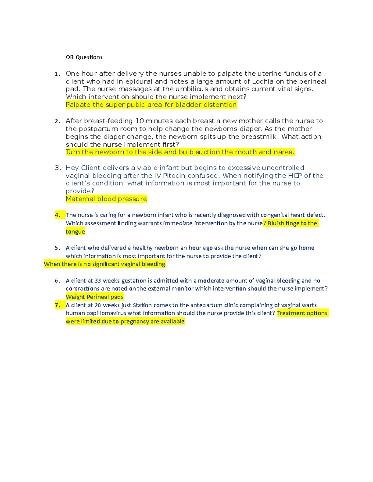 OB Questions - OB Questions One hour after delivery the nurses unable ...