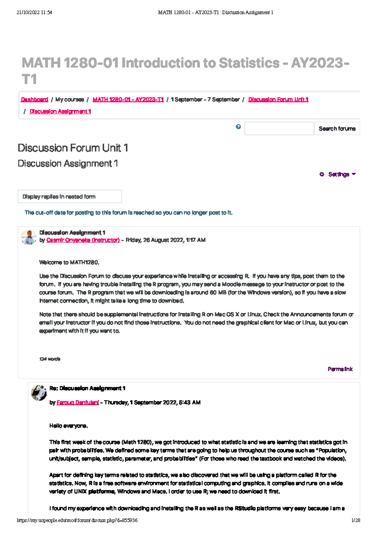 MATH 1280-01 - AY2023-T1 Discussion Assignment 1 - MATH 1280-01 Introduction to Statistics ...