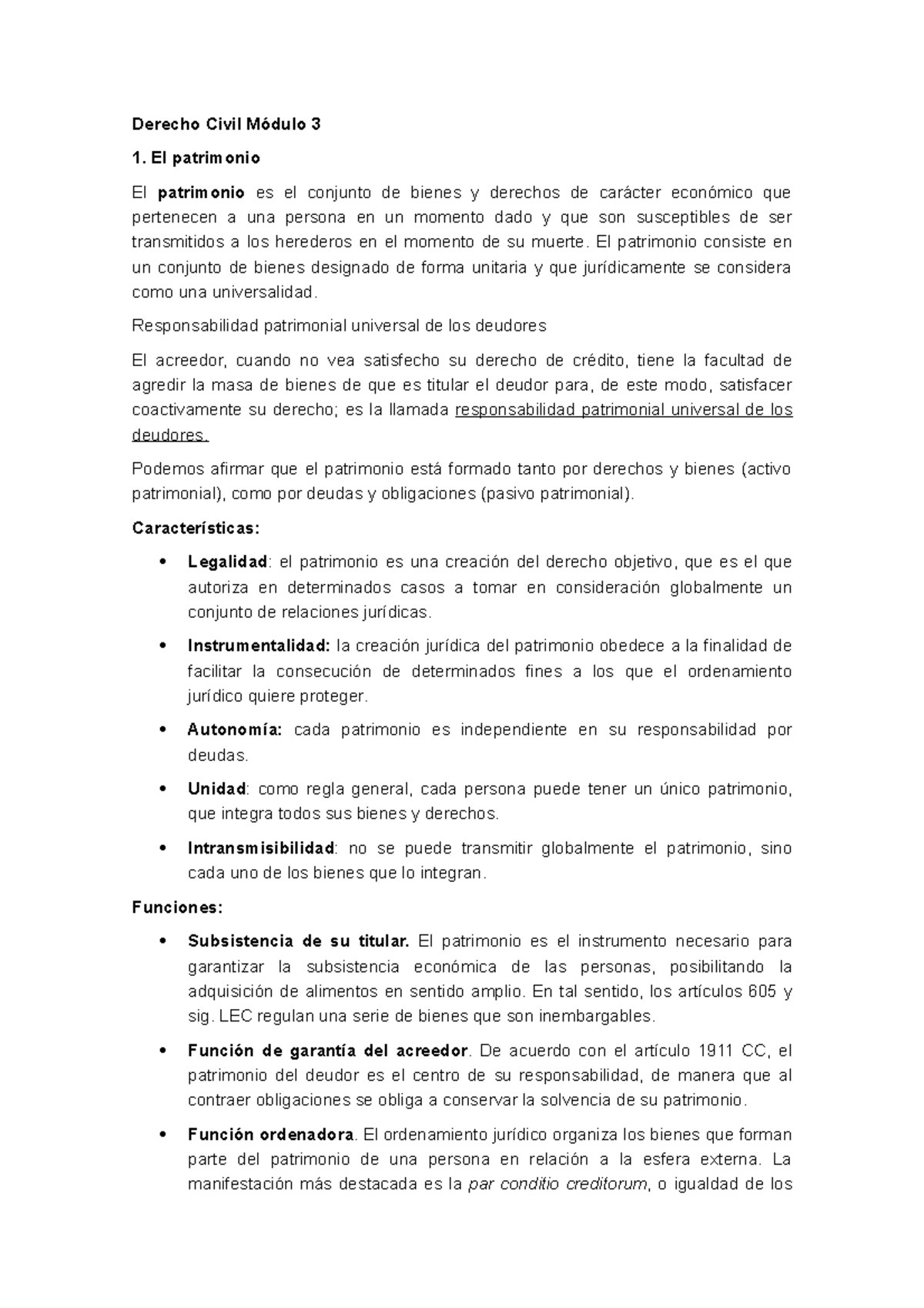 Derecho Civil Módulo 3 - Derecho Civil Módulo 3 El patrimonio El patrimonio es el conjunto de ...