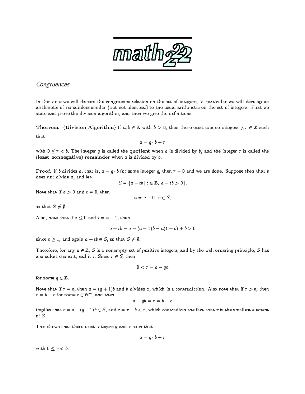Congruences - Congruences In this note we will discuss the congruence ...