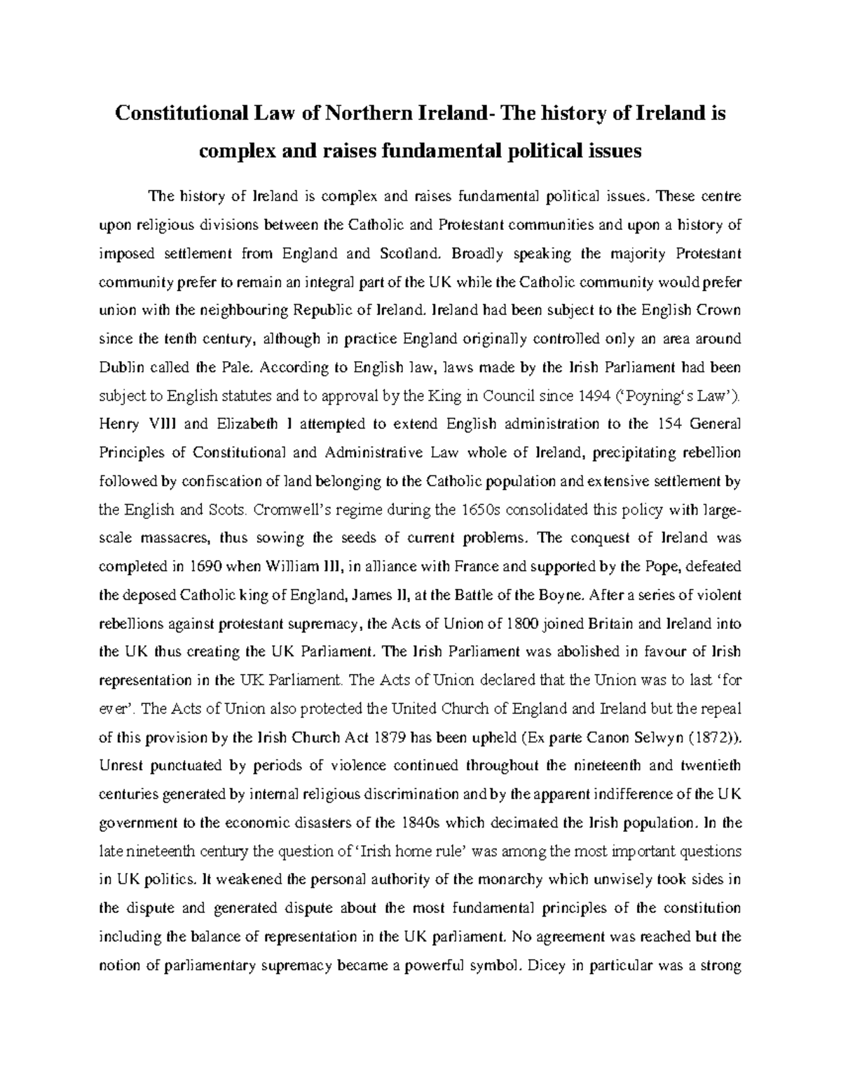 Constitutional Law of Northern Ireland- The history of Ireland is ...