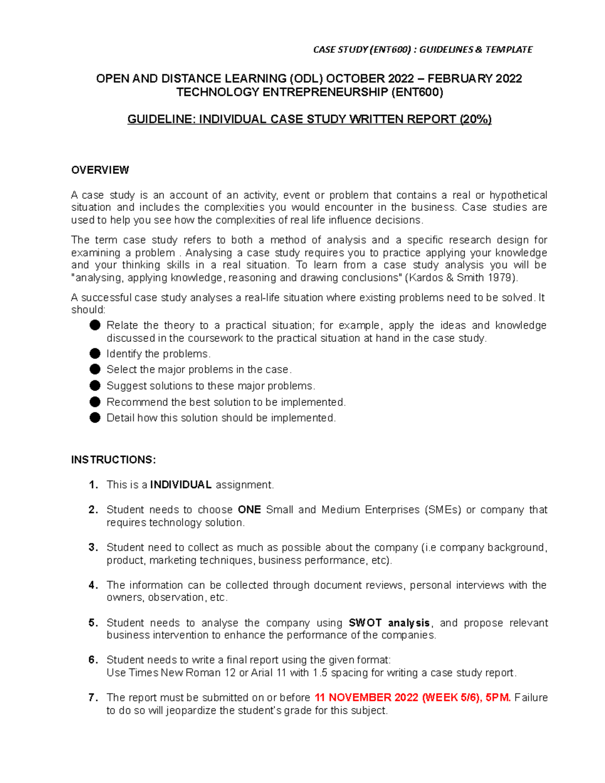 ENT600 CASE Study Guideline OCT 2022 - OPEN AND DISTANCE LEARNING (ODL ...