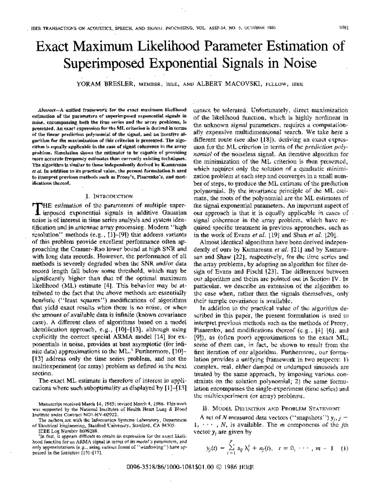 Exact Maximum Likelihood Parameter Estimation Of Superimposed