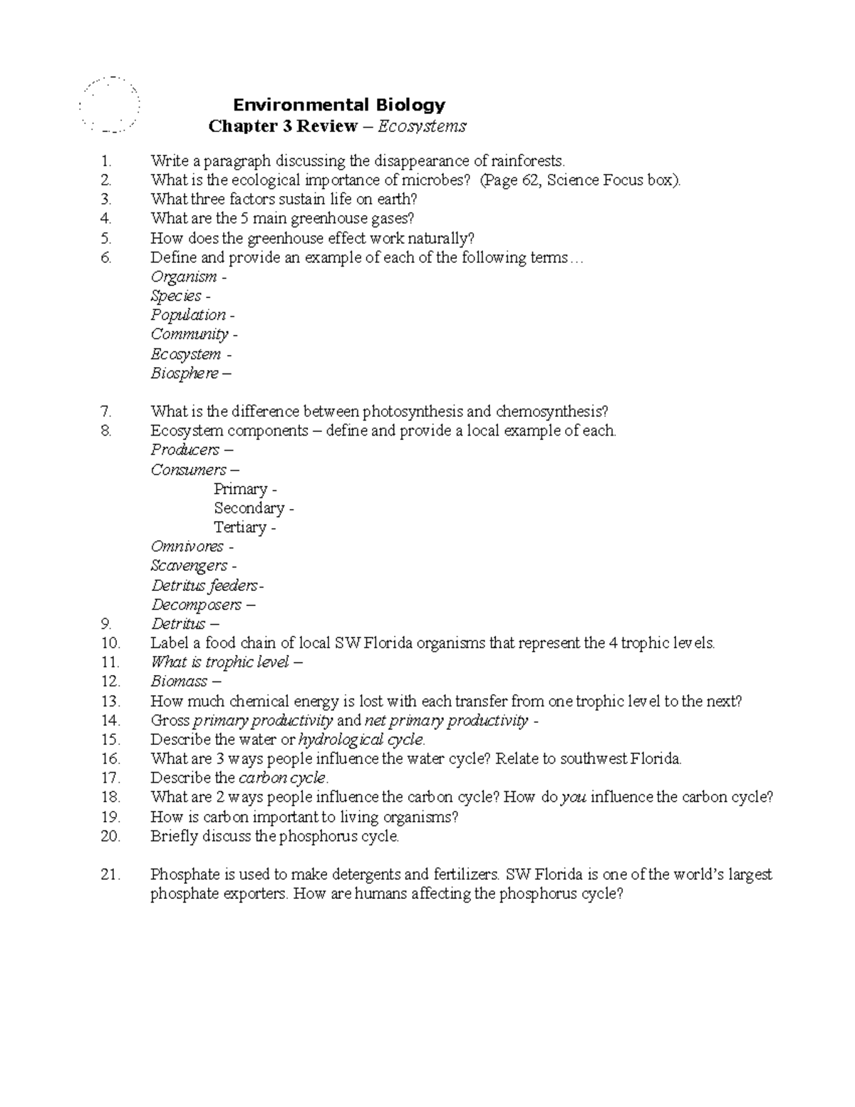Review Chapter 3 2012 - Homework - Environmental Biology Chapter 3 ...