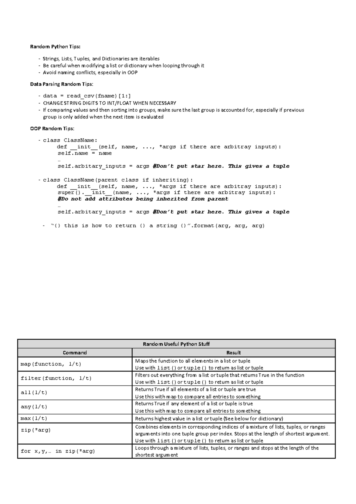 Cs1010s-cheatsheet-pe - Random Python Tips: - Strings, Lists, Tuples, and Dictionaries are ...