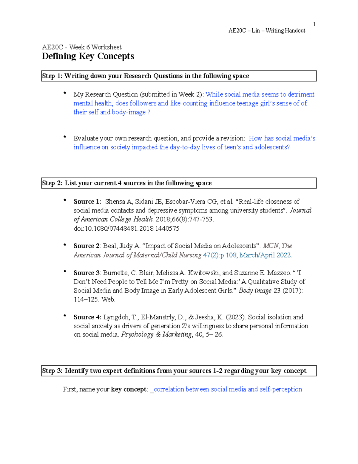 20C Defining Key Concepts Worksheet - AE20C – Lin – Writing Handout ...