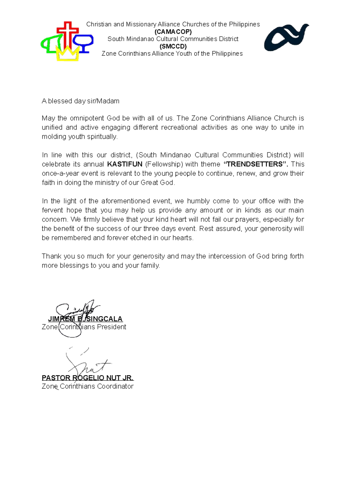 Solicitation Letter for Kastifun - Christian and Missionary Alliance ...