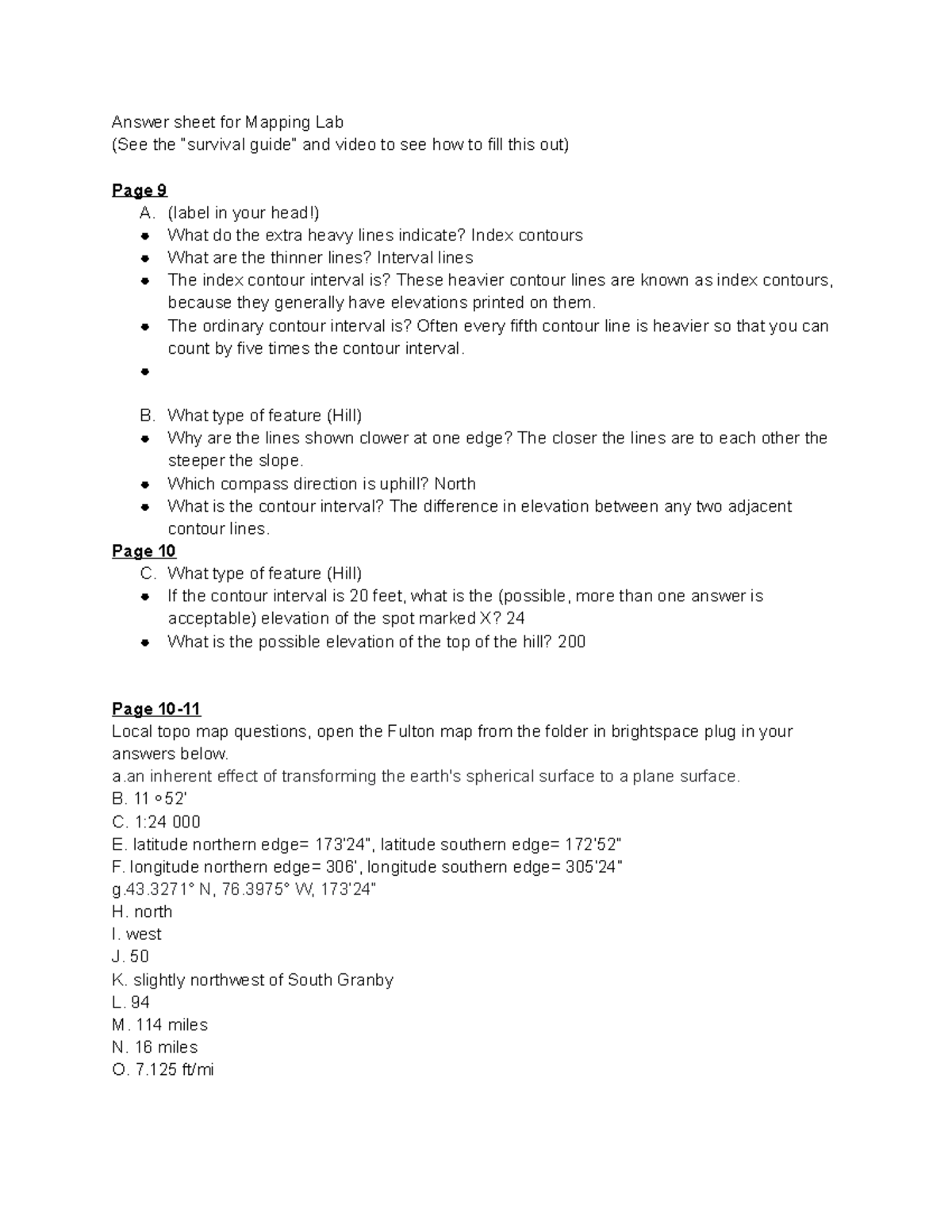 Copy of GEO 101 Answer sheet for Mapping Lab - Answer sheet for Mapping ...