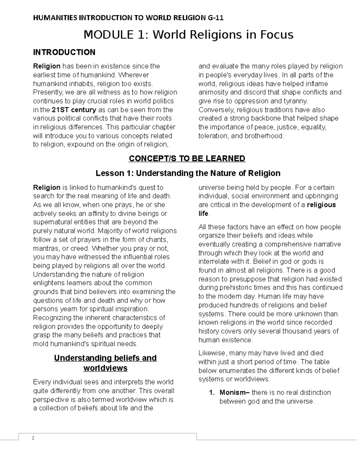 Humanities Introduction TO World Religion G - HUMANITIES INTRODUCTION ...
