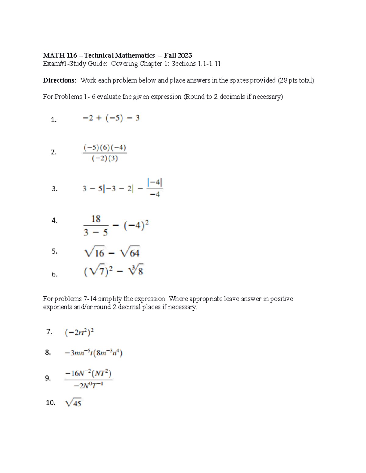 Math 116 Exam1-Review Sheet - MATH 116 – Technical Mathematics – Fall 2023 Exam#1-Study Guide ...