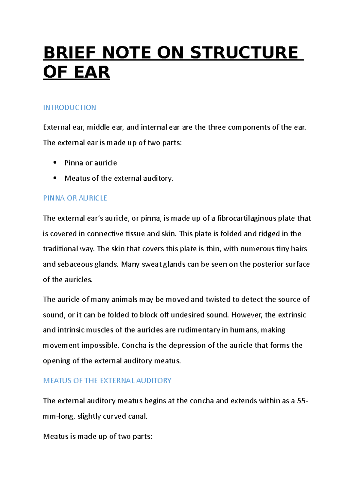 Brief note on Structure of ear - BRIEF NOTE ON STRUCTURE OF EAR ...