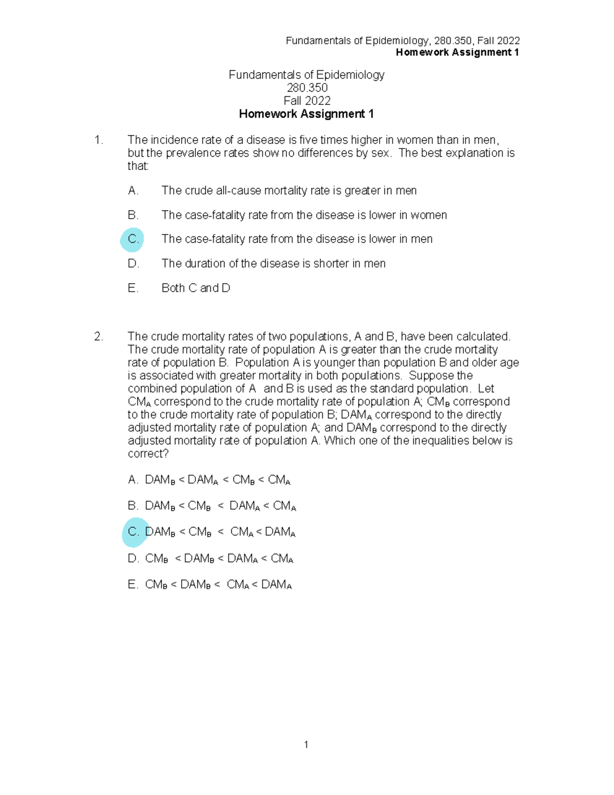 Fundamentals of Epi 2022 Fall Homework 1 - Homework Assignment 1 Fundamentals of Epidemiology ...