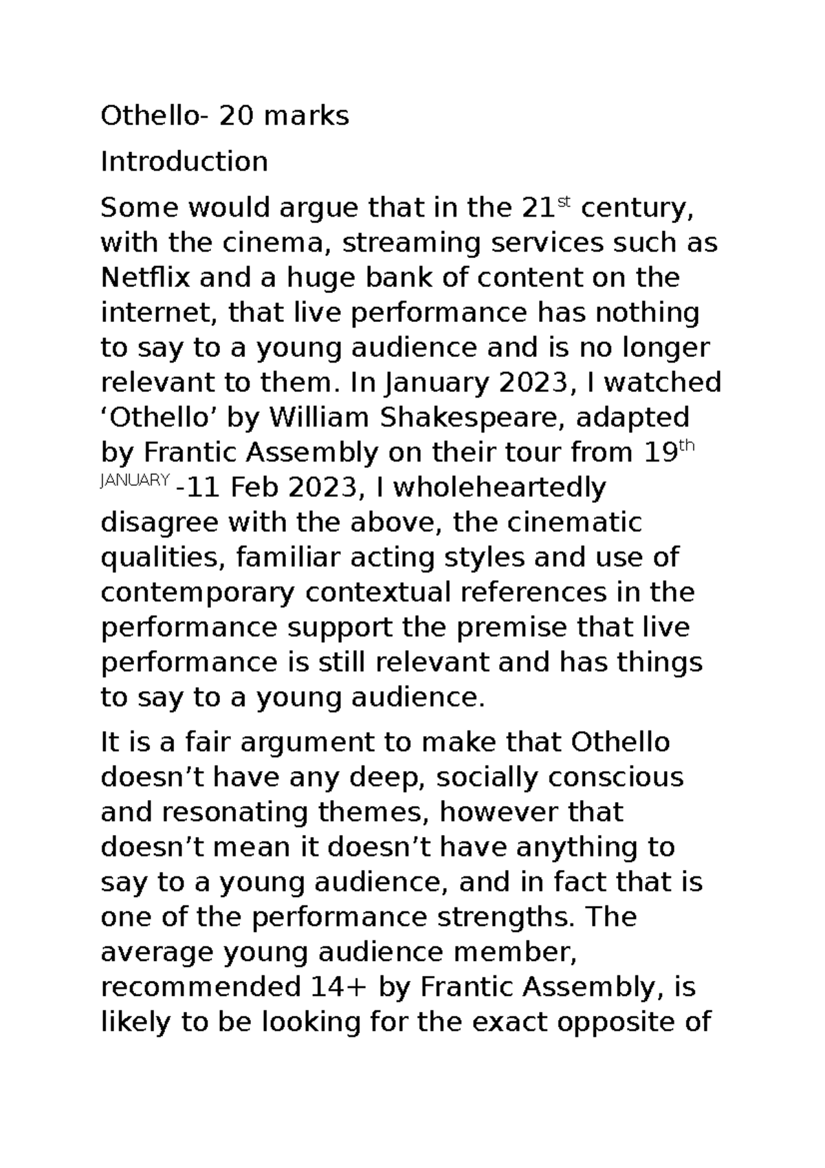 Othello drama - SRUKMKUMTUKSST - Othello- 20 marks Introduction Some ...