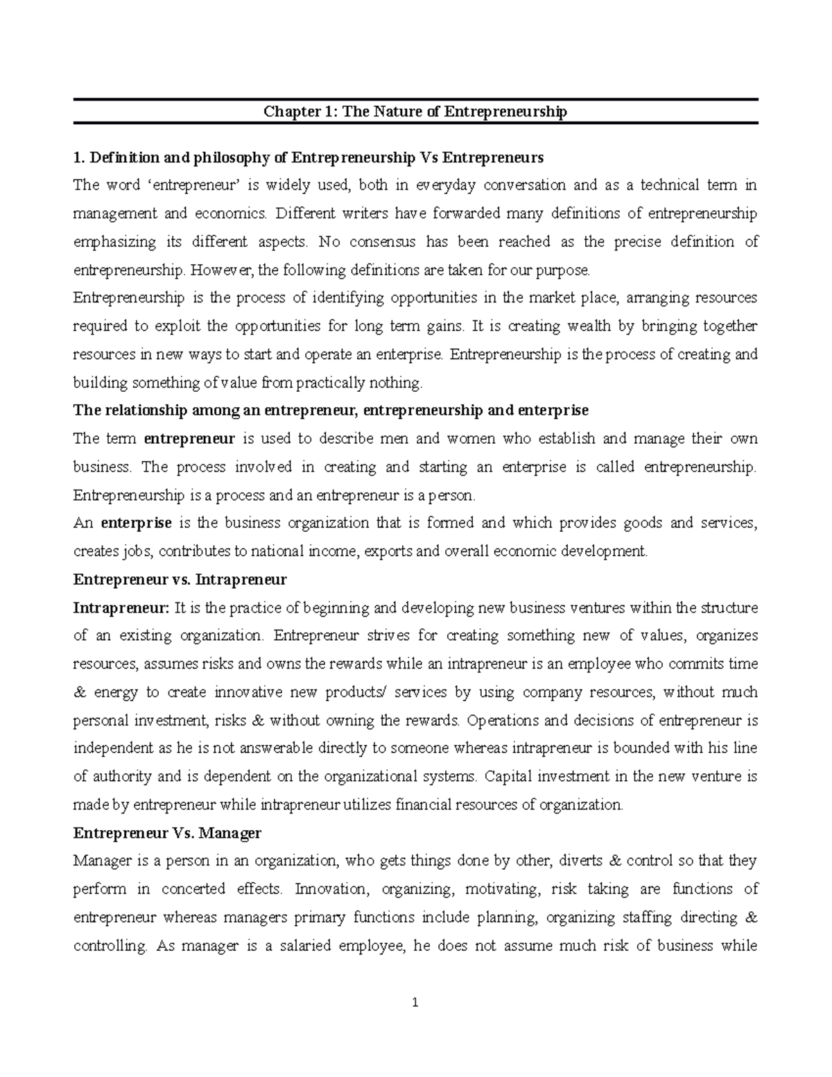 Entrepreneurship material for freshman - Chapter 1: The Nature of ...