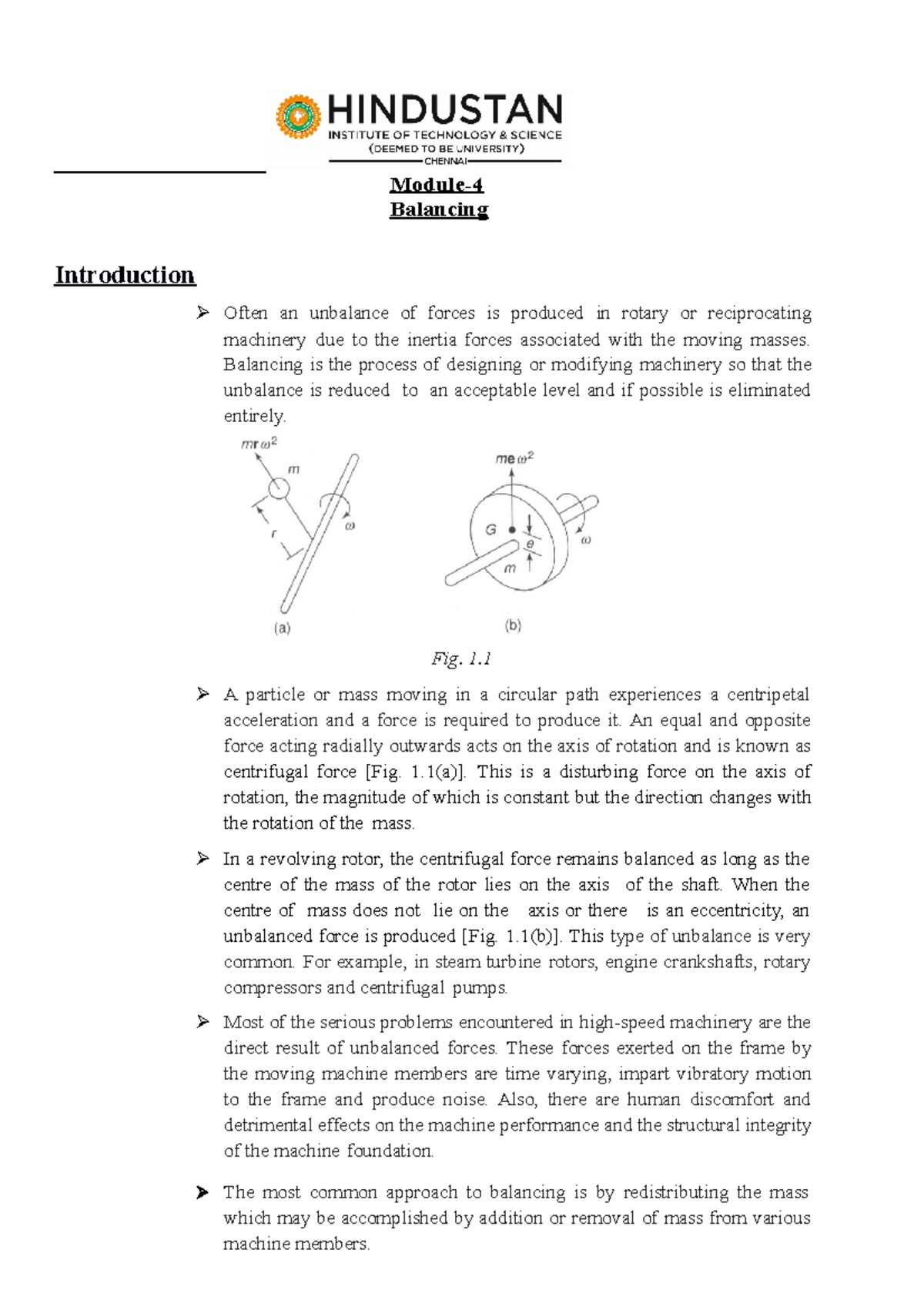 Module - 4 Lecture Notes - Module- Balancing Introduction Often an ...
