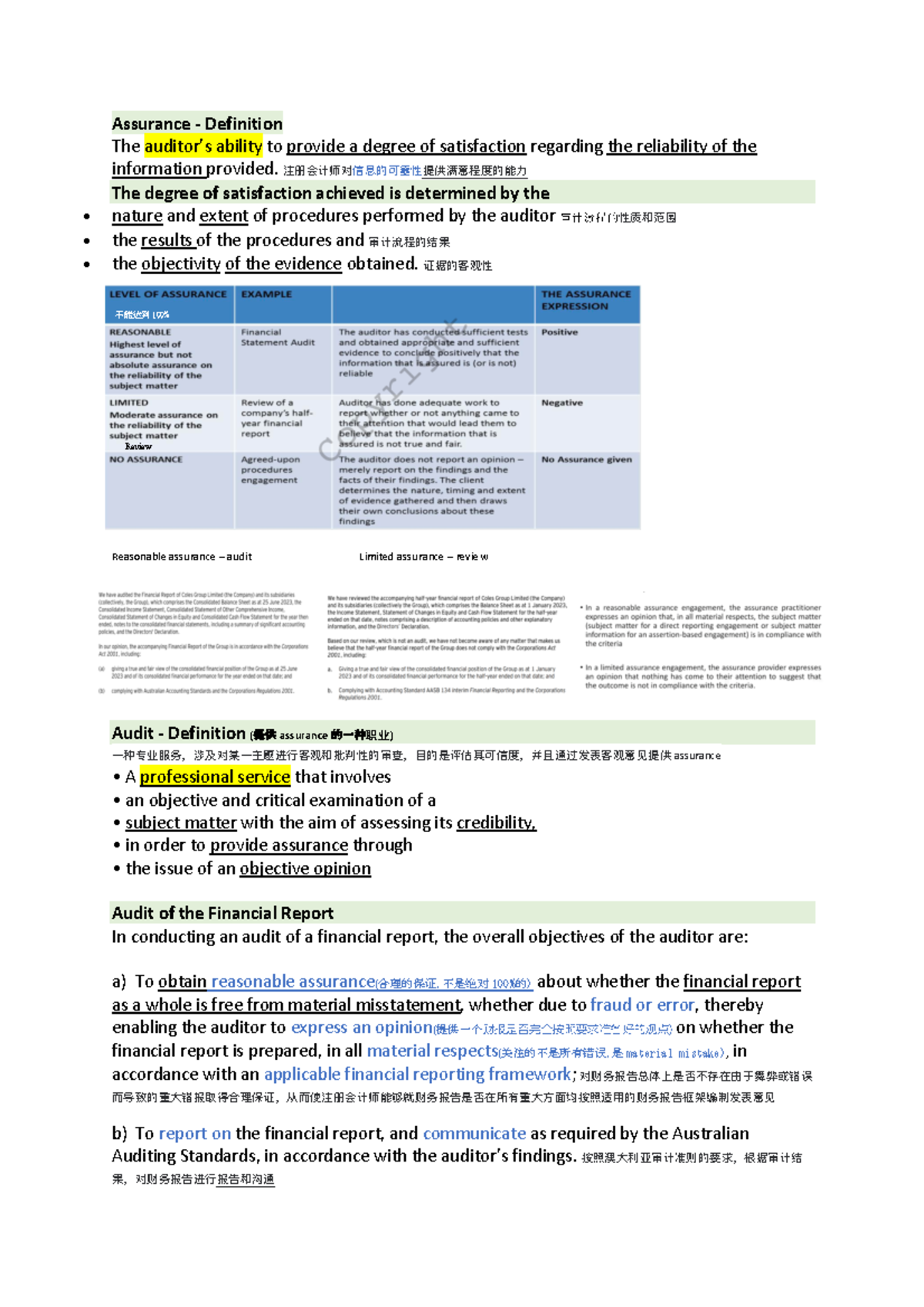 Audit Lec1 - lec notes - Assurance - Definition The auditor’s ability ...