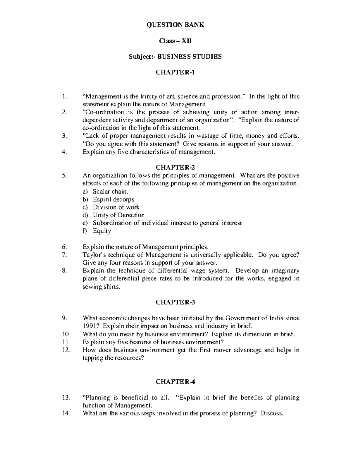 Business Studies - QUESTION BANK Class – XII Subject:- BUSINESS STUDIES ...