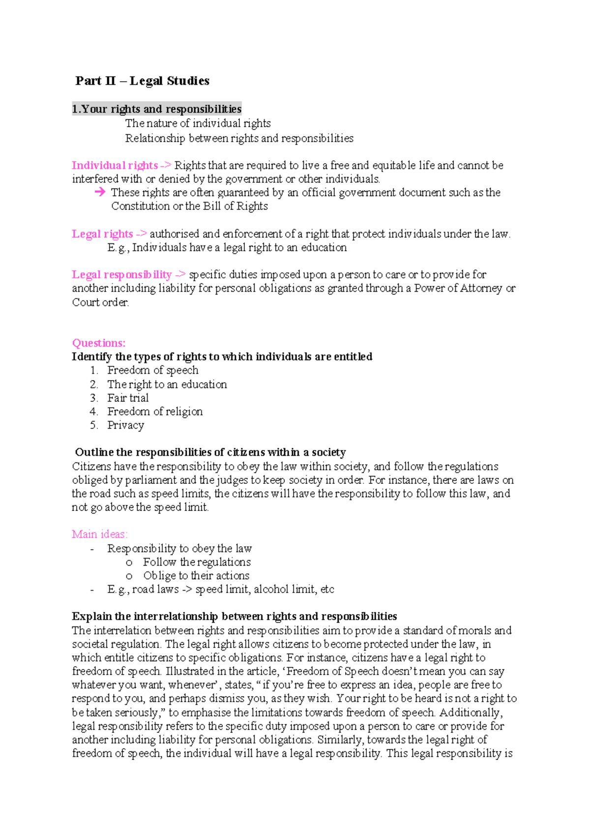 Legal notes Part II - Part II – Legal Studies 1 rights and ...