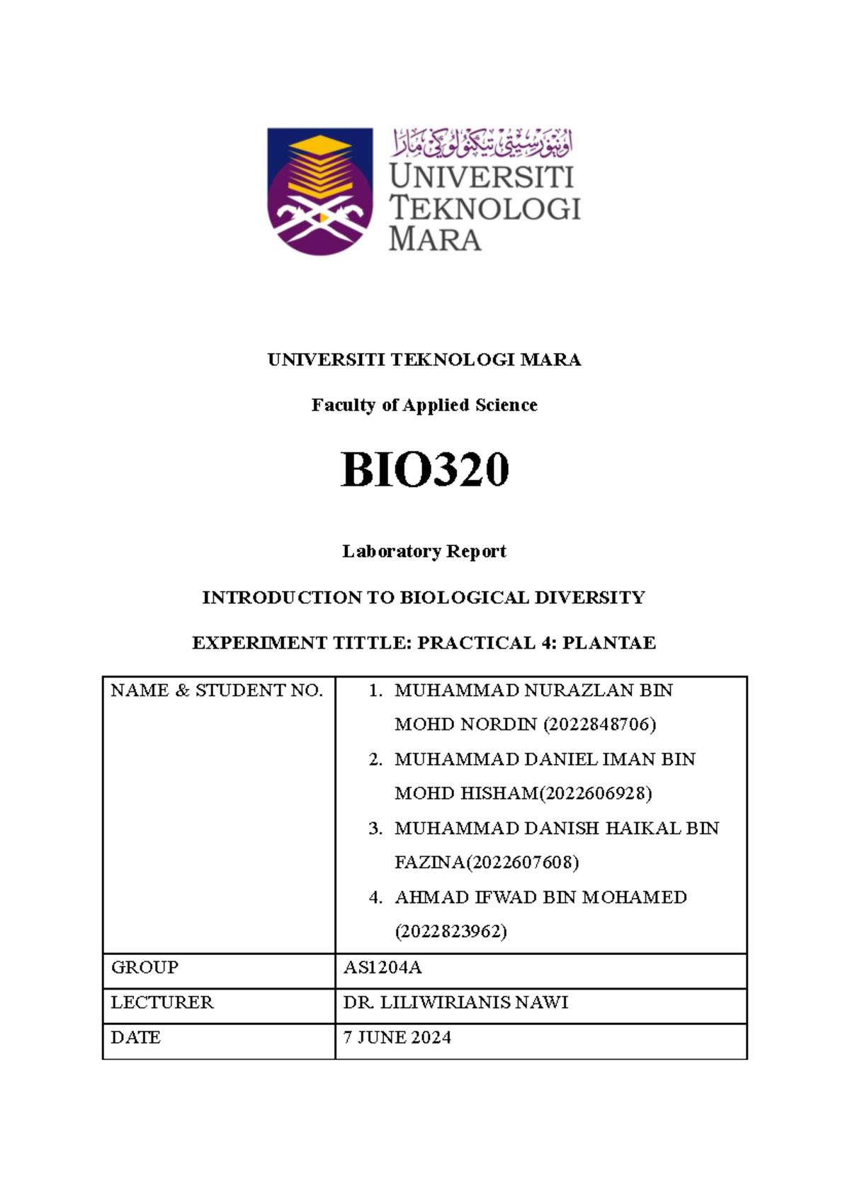 Lab Report Bio320 Practical 2 Diploma In Science Universiti Teknologi Mara Faculty Of 