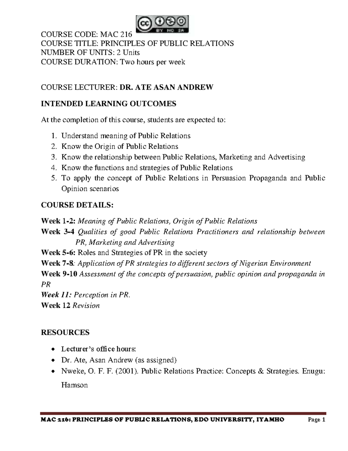 Principles of public relations lecture n - COURSE CODE: MAC 216 COURSE ...
