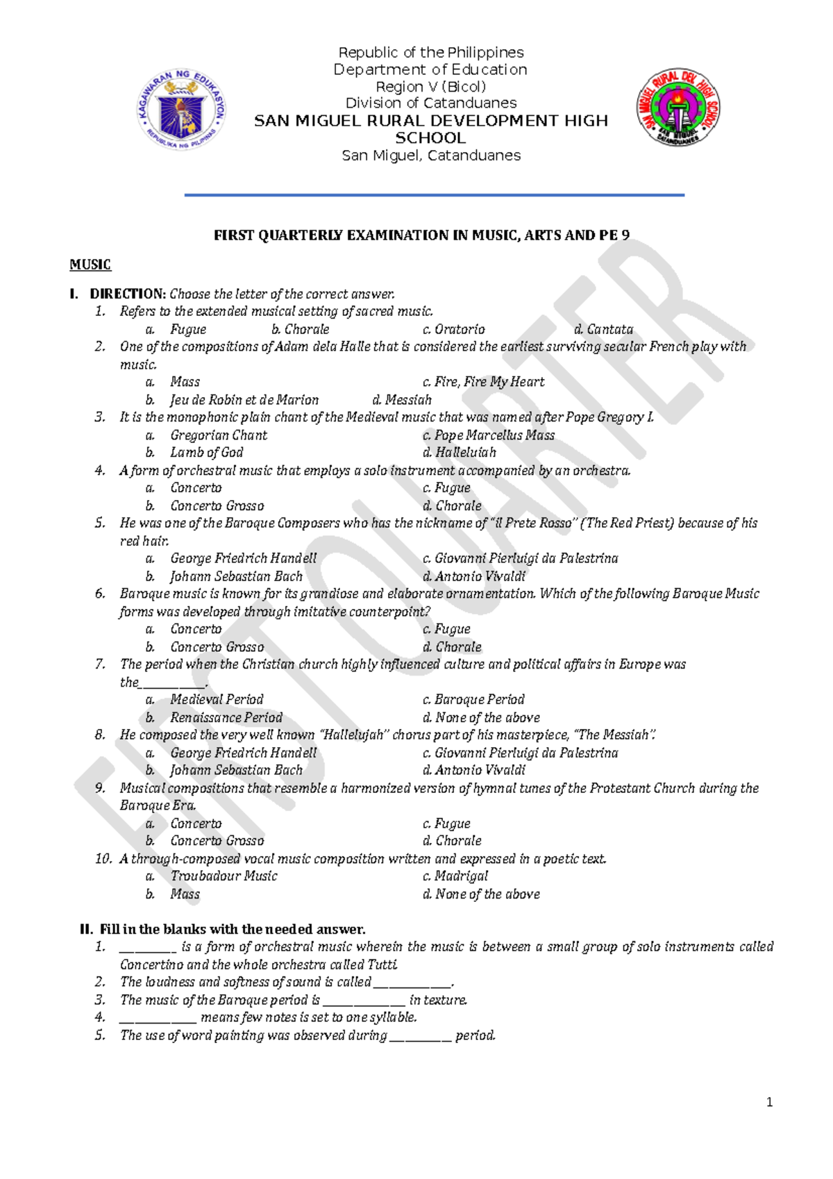 First Quarterly Examination IN Music 2022-2023 - FIRST QUARTERLY EXAMINATION IN MUSIC, ARTS AND ...