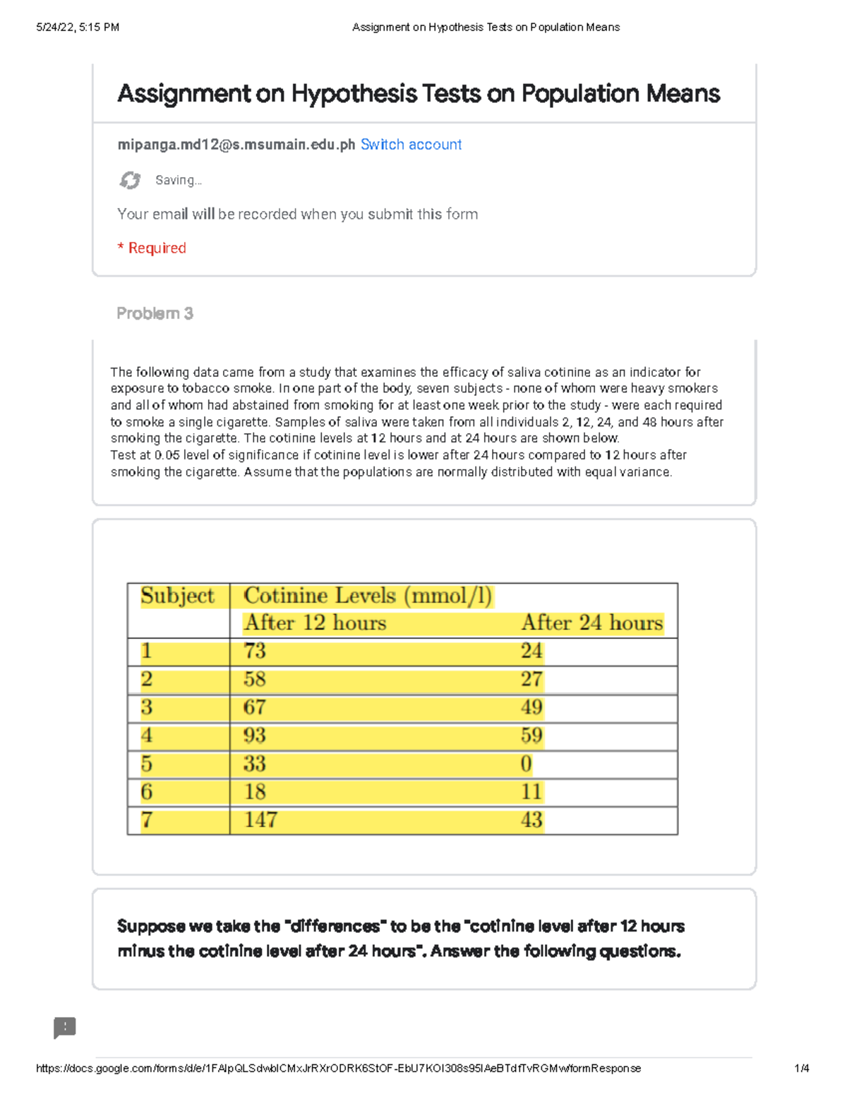 Assignment on Hypothesis Tests on Population Means-1 - Problem 3 The ...