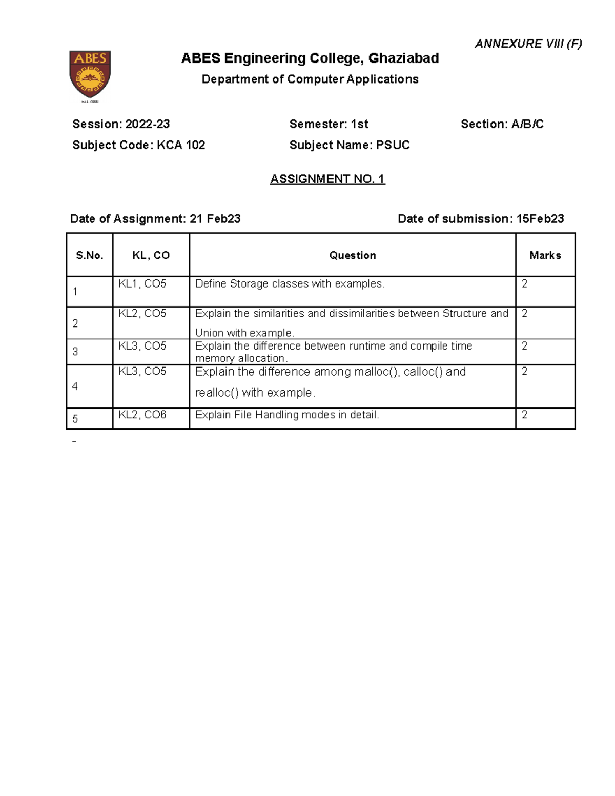Assignment- 5-102-PSUC - ANNEXURE VIII (F) ABES Engineering College, Ghaziabad Department of ...