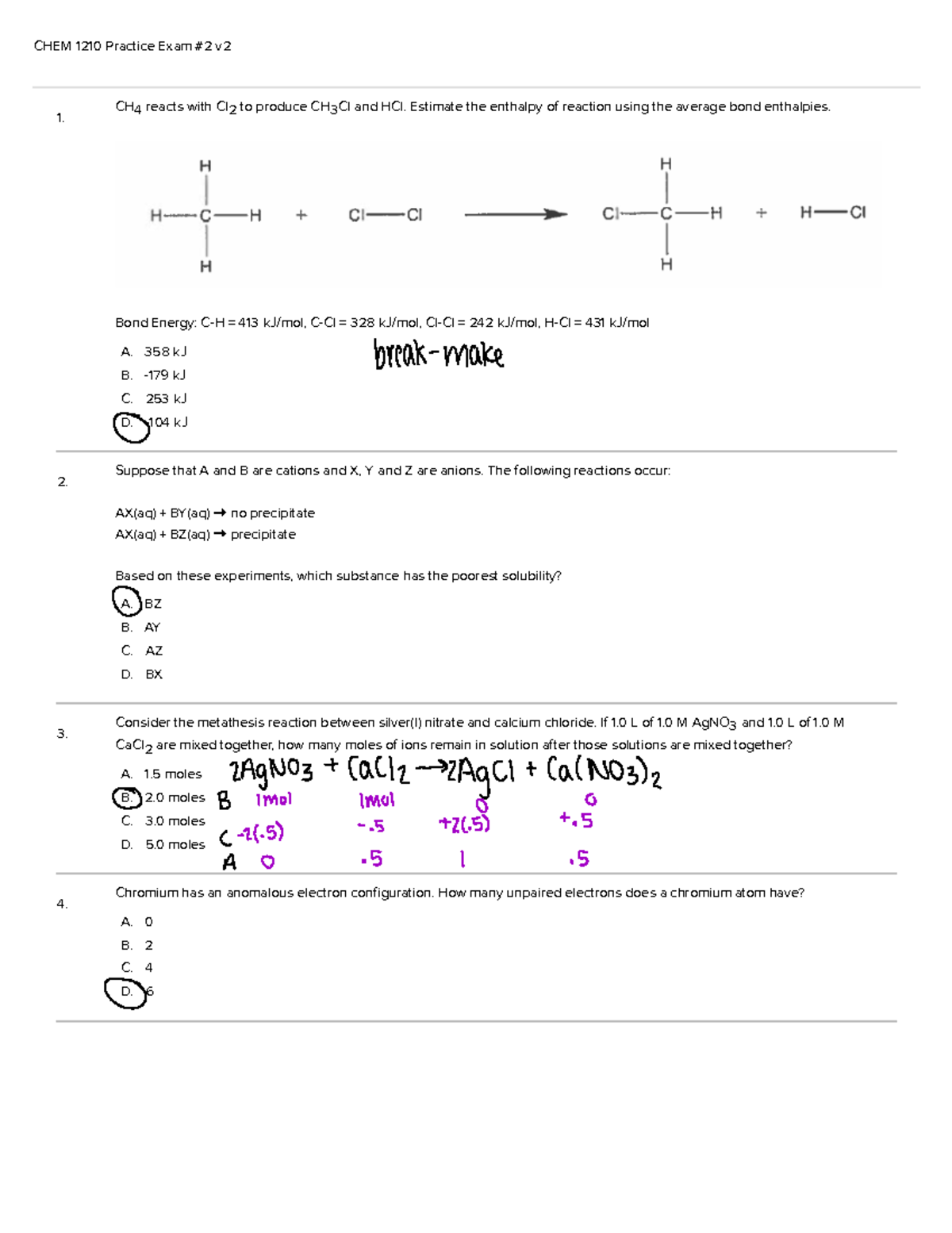 Practice exam - Estimate the enthalpy of reaction using the average ...