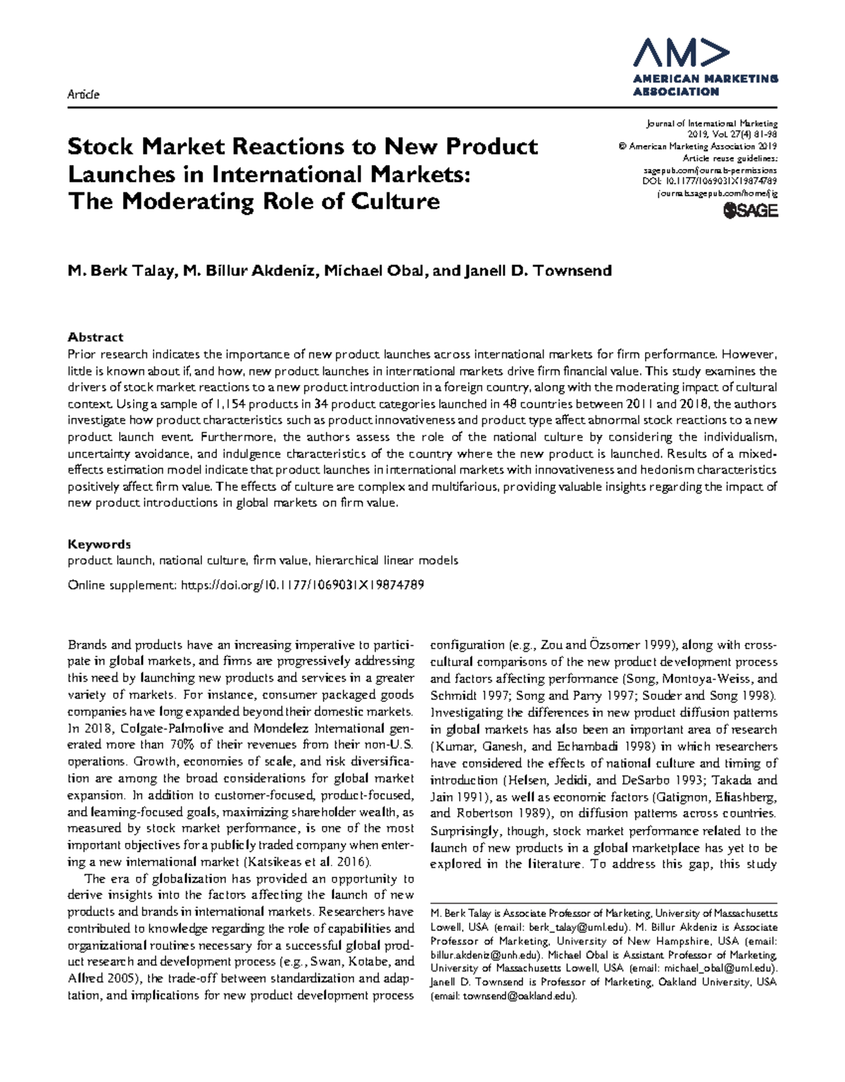 Stock Market Reactions to New Product Launches in International Markets ...