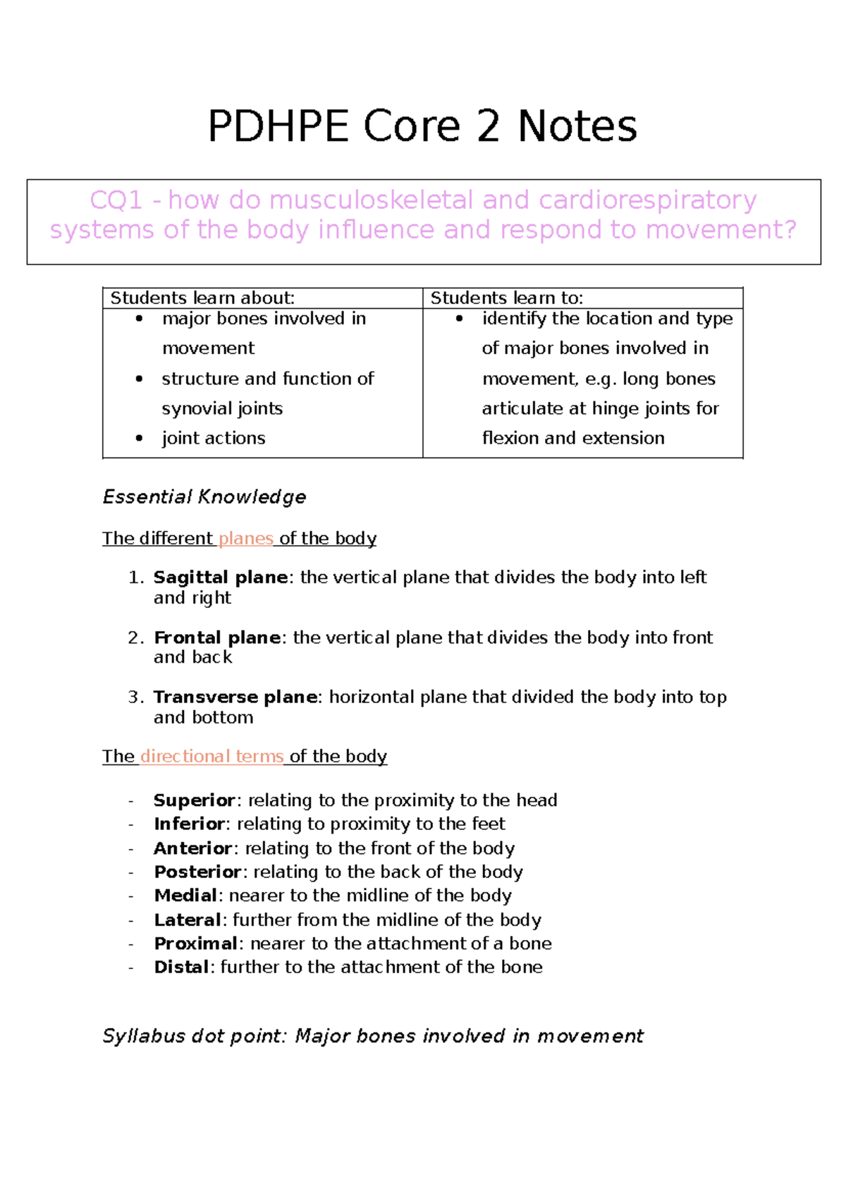Pdhpe Core 2 Notes - PDHPE Core 2 Notes Skeletal System Students learn ...