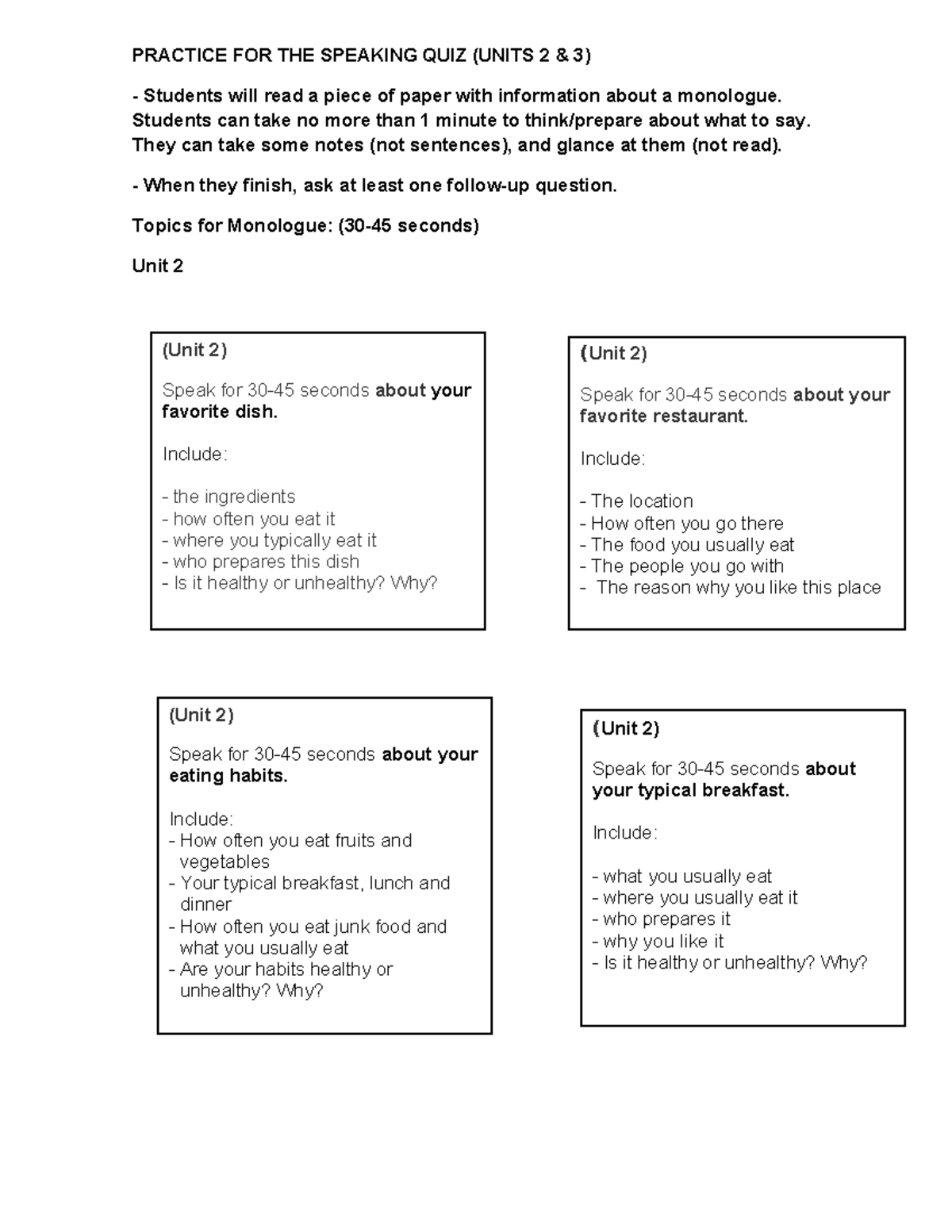 A2-1 Practice FOR THE Speaking QUIZ 2024 - PRACTICE FOR THE SPEAKING ...