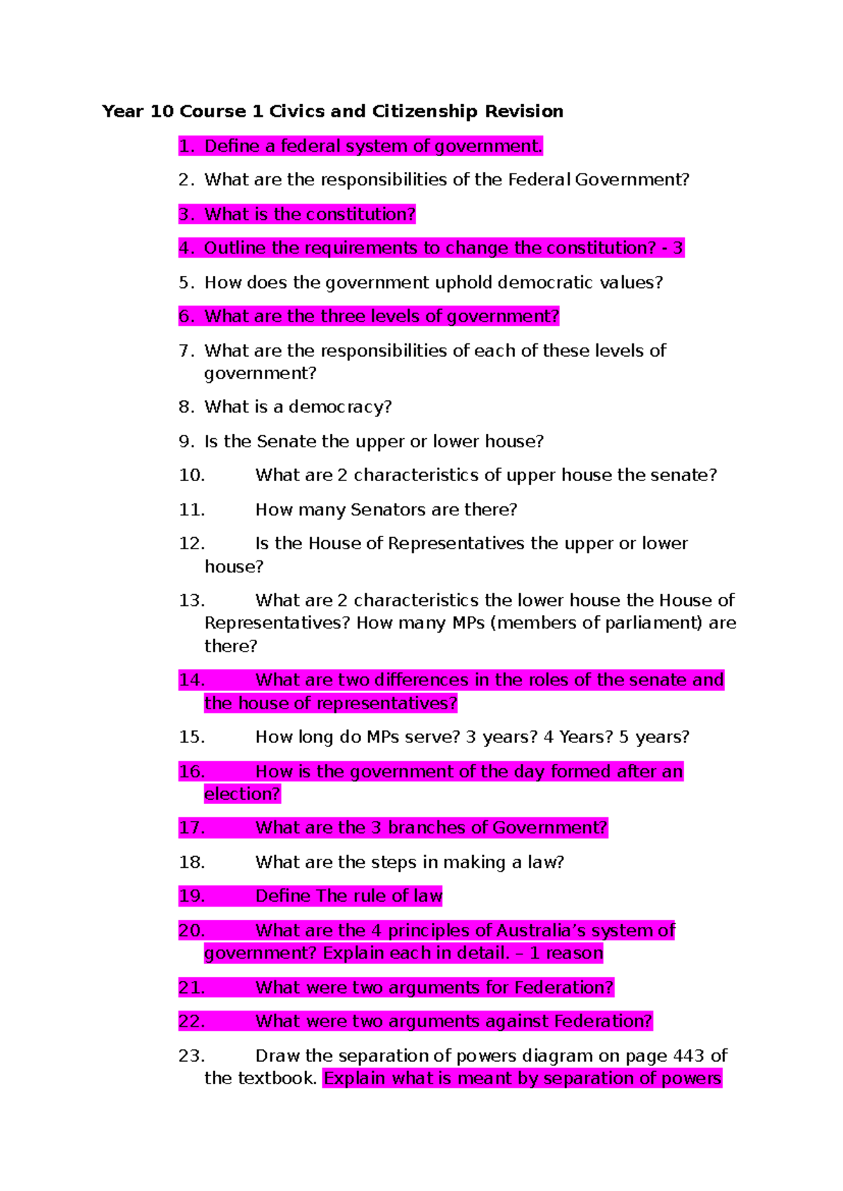 Year 10 Course 1 Civics and Citizenship Revision - Year 10 Course 1 ...