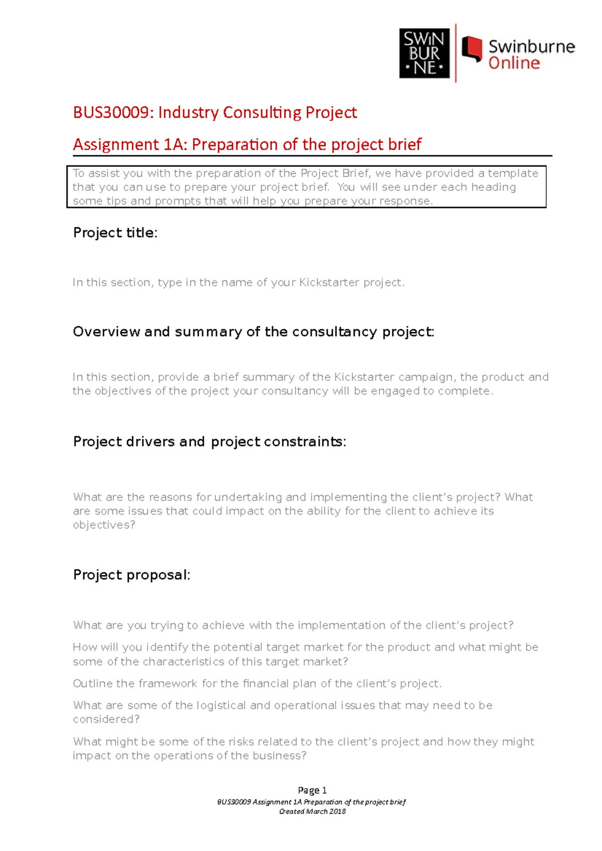 BUS30009 Project brief template - BUS30009: Industry Consulting Project ...