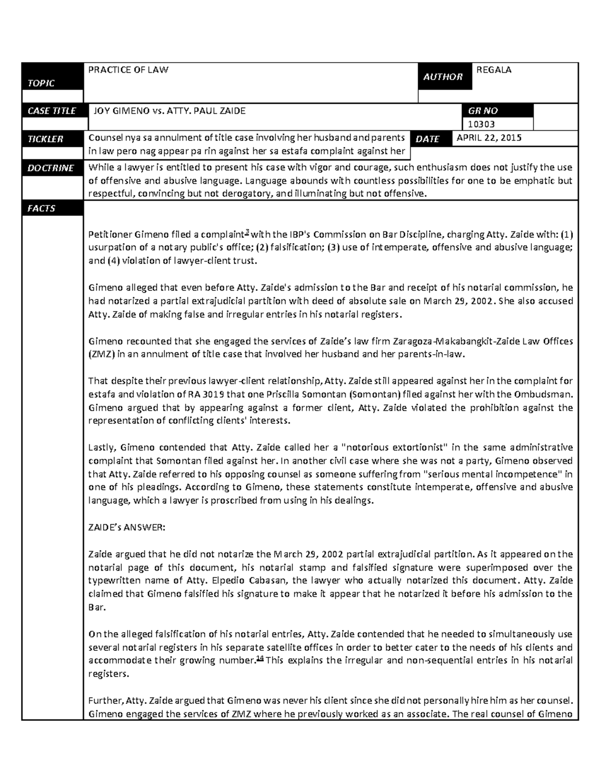 14. PALE Gimeno vs Zaide - TOPIC PRACTICE OF LAW AUTHOR REGALA CASE ...