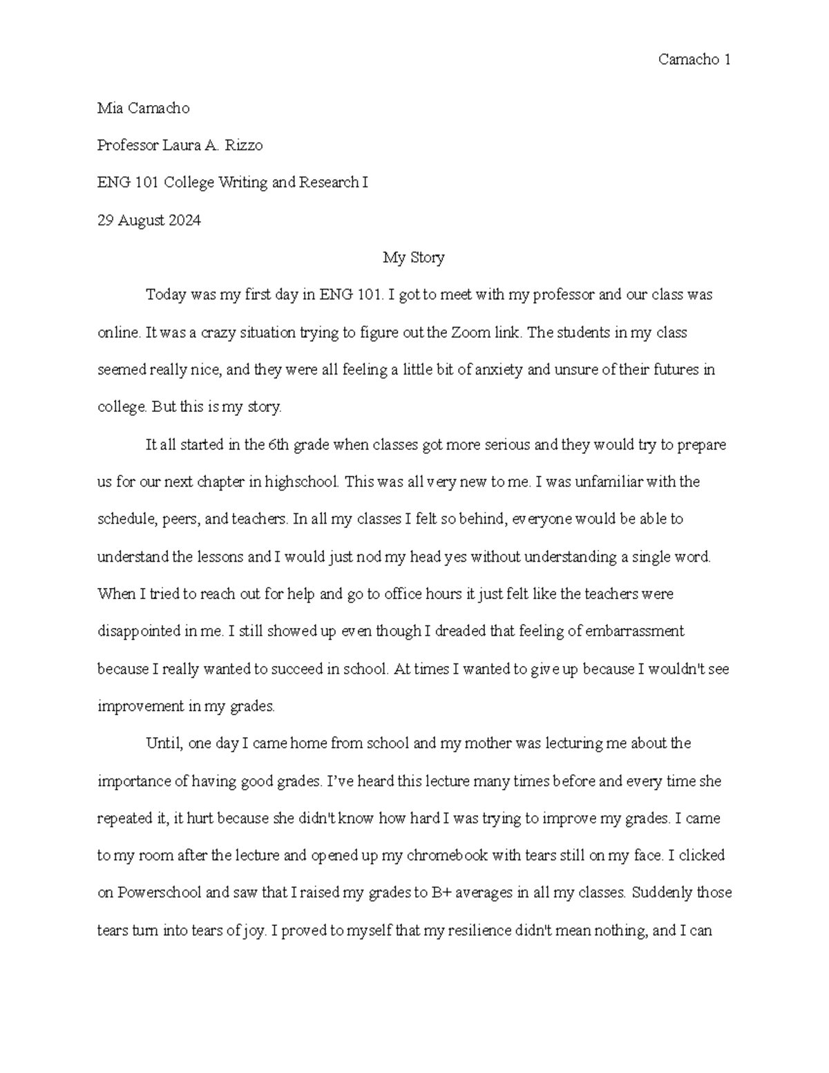 Mia Camacho-My Story - My anatomy - Camacho 1 Mia Camacho Professor ...