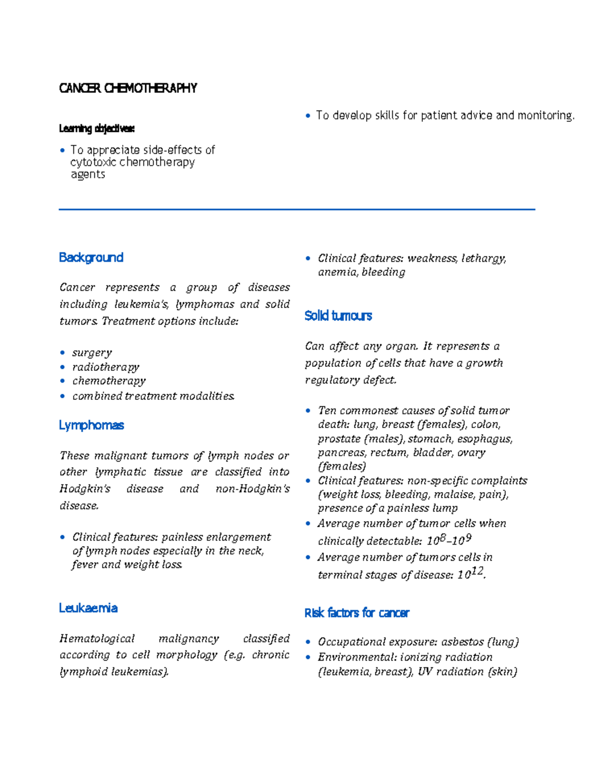 Cancer Chemotheraphy - CANCER CHEMOTHERAPHY Learning objectives: • To ...