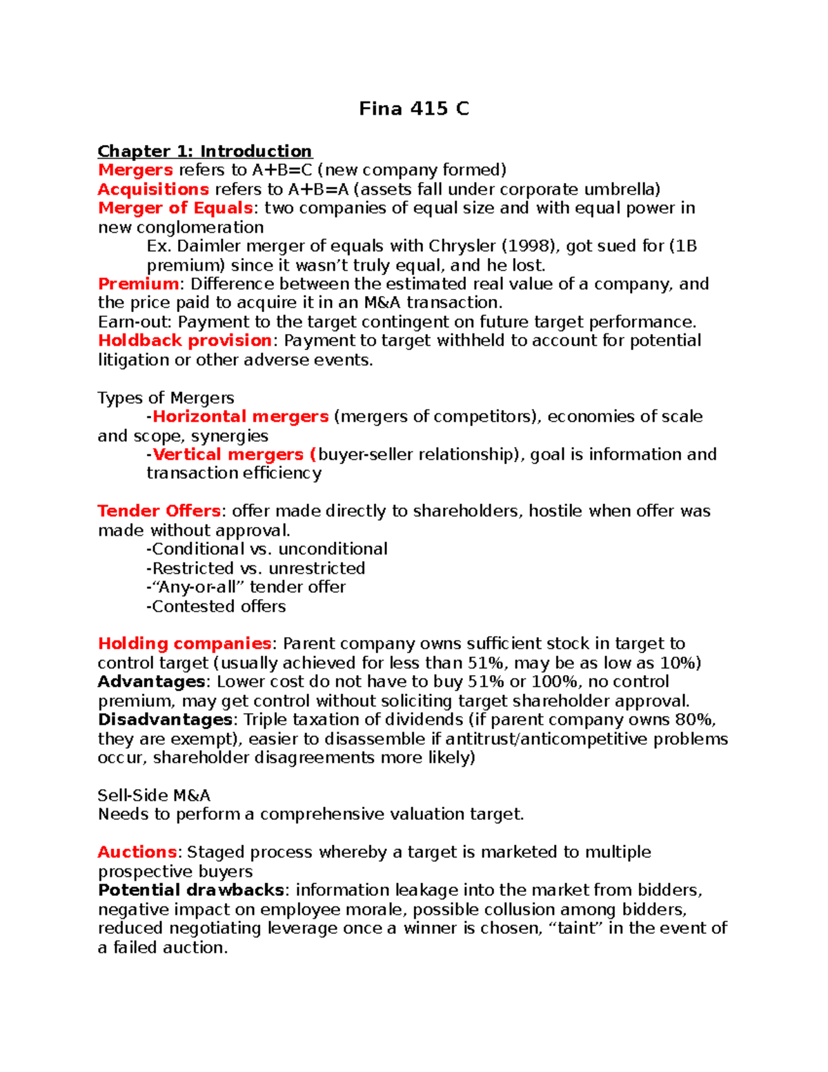 Fina 415 C - Fina 415 C Chapter 1: Introduction Mergers refers to A+B=C ...