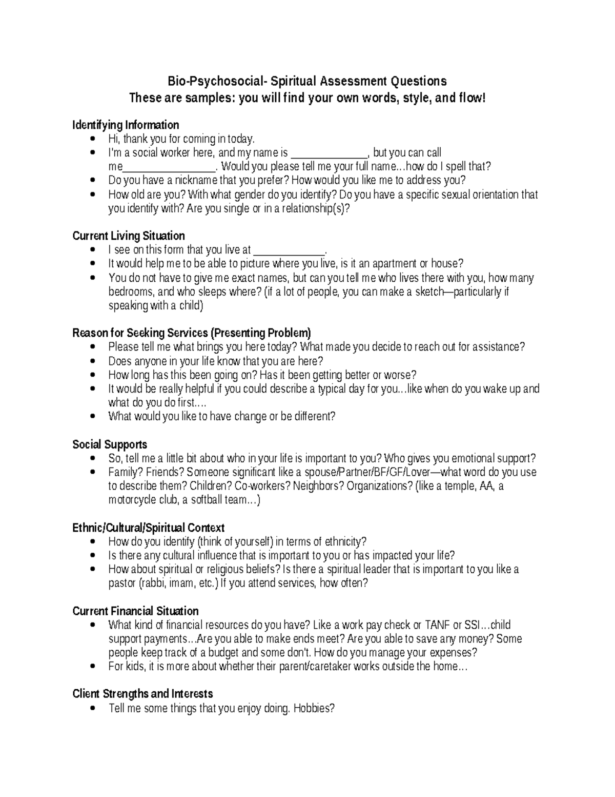 Sample Psychosocial Questions - Bio-Psychosocial- Spiritual Assessment ...