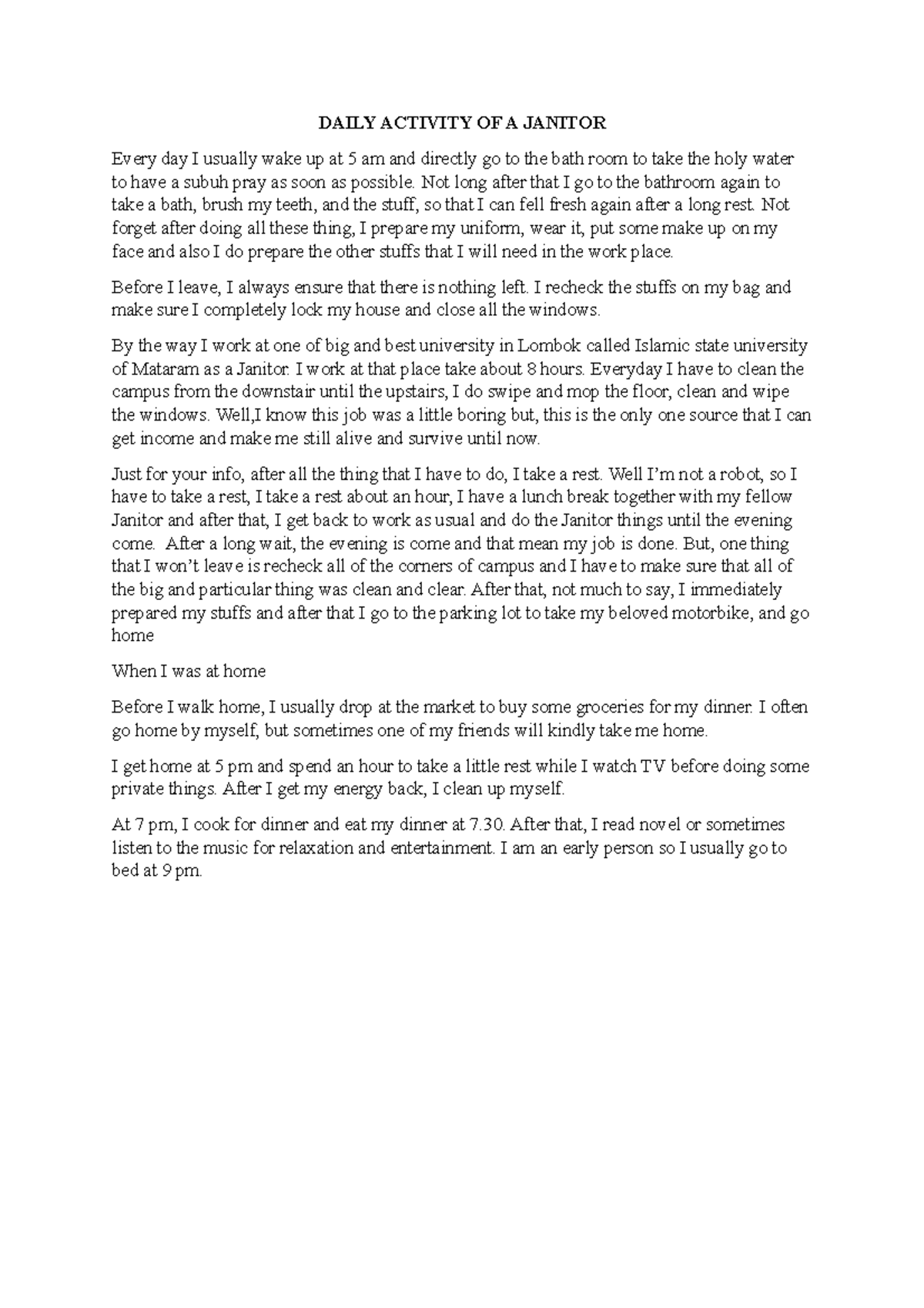 Daily Activity OF A Janitor - DAILY ACTIVITY OF A JANITOR Every day I ...