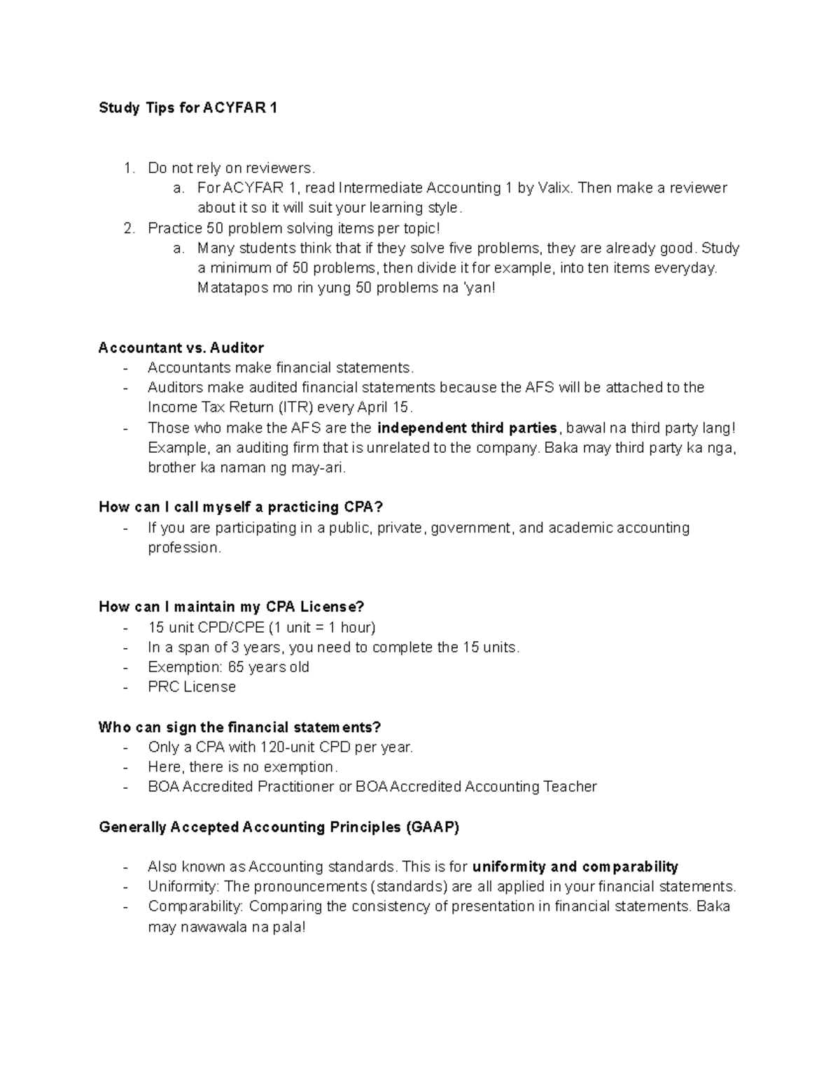 Acyfar Lecture 1 (Sept 6, 2022) - Study Tips for ACYFAR 1 Do not rely ...