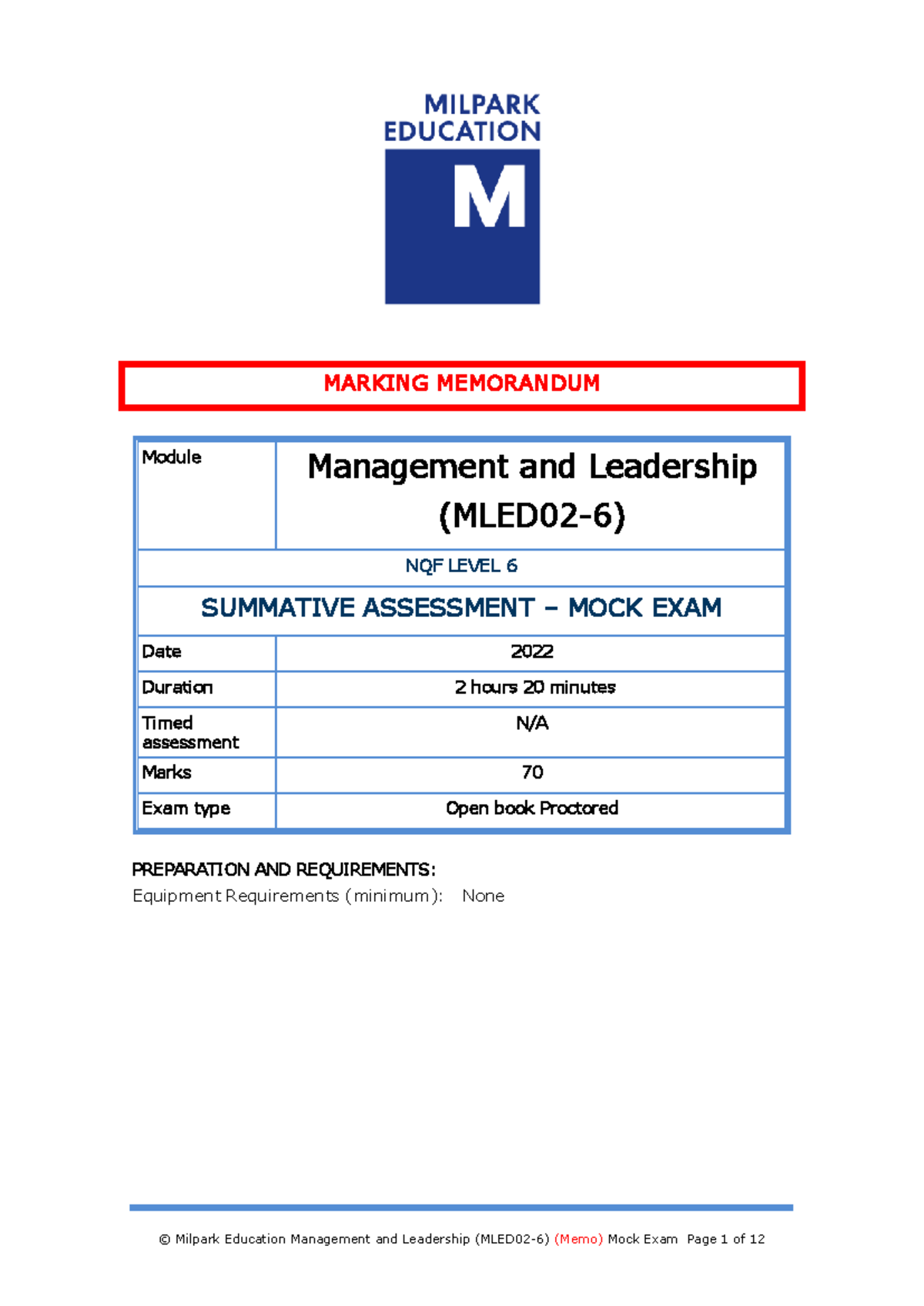 Z Mock Exam (Memo) MLED02-6 2022 ACM - MARKING MEMORANDUM Module ...