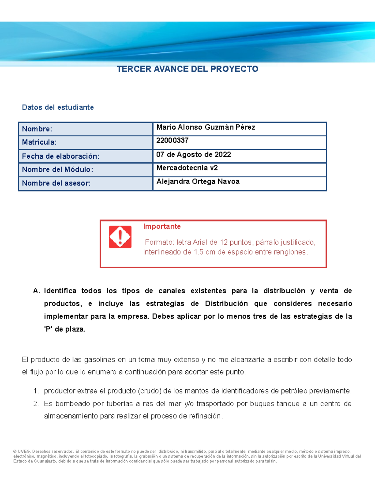 Guzman Mario Tercer Avance - TERCER AVANCE DEL PROYECTO Datos del estudiante Nombre: Mario ...