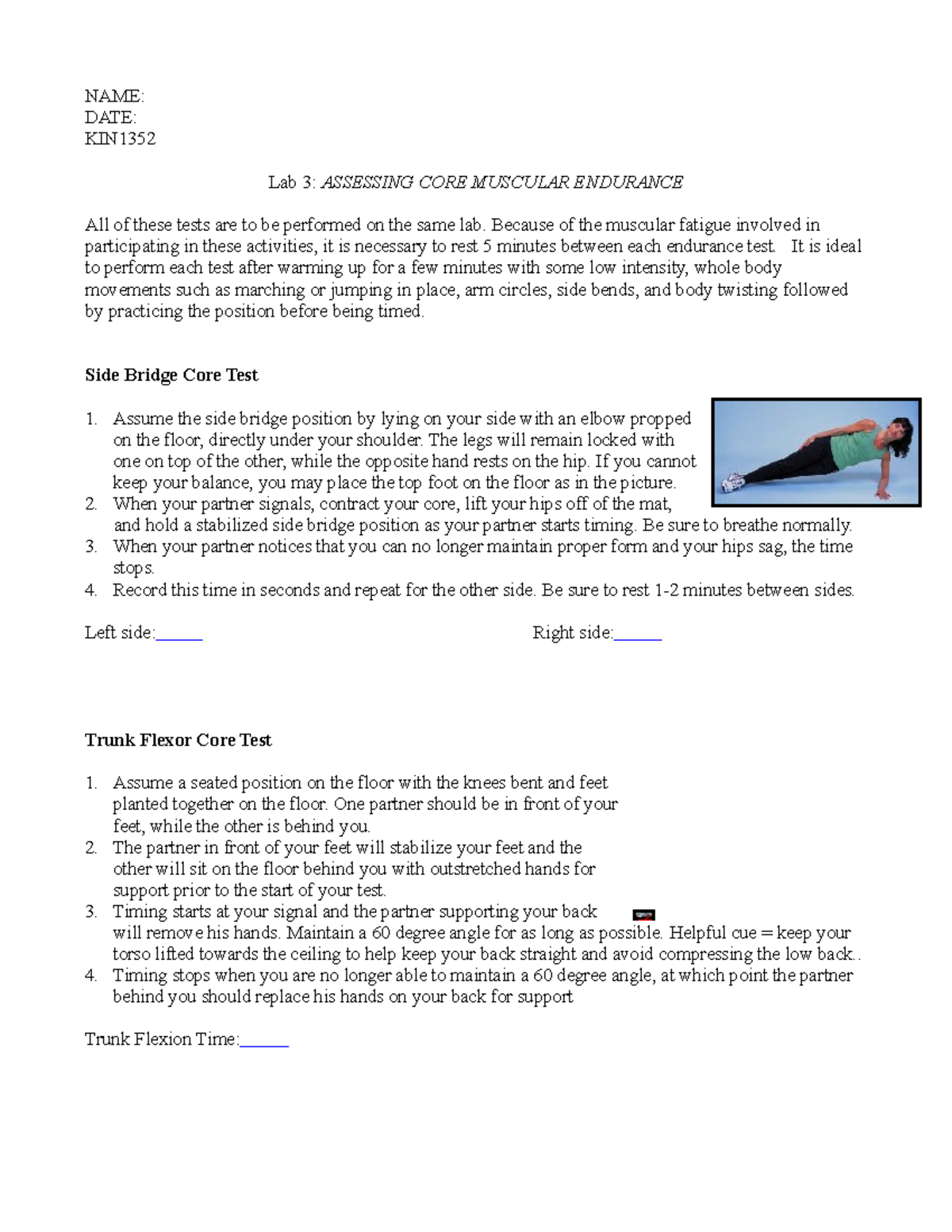 Lab3 Core Endurance - lab notes - NAME: DATE: KIN Lab 3: ASSESSING CORE ...