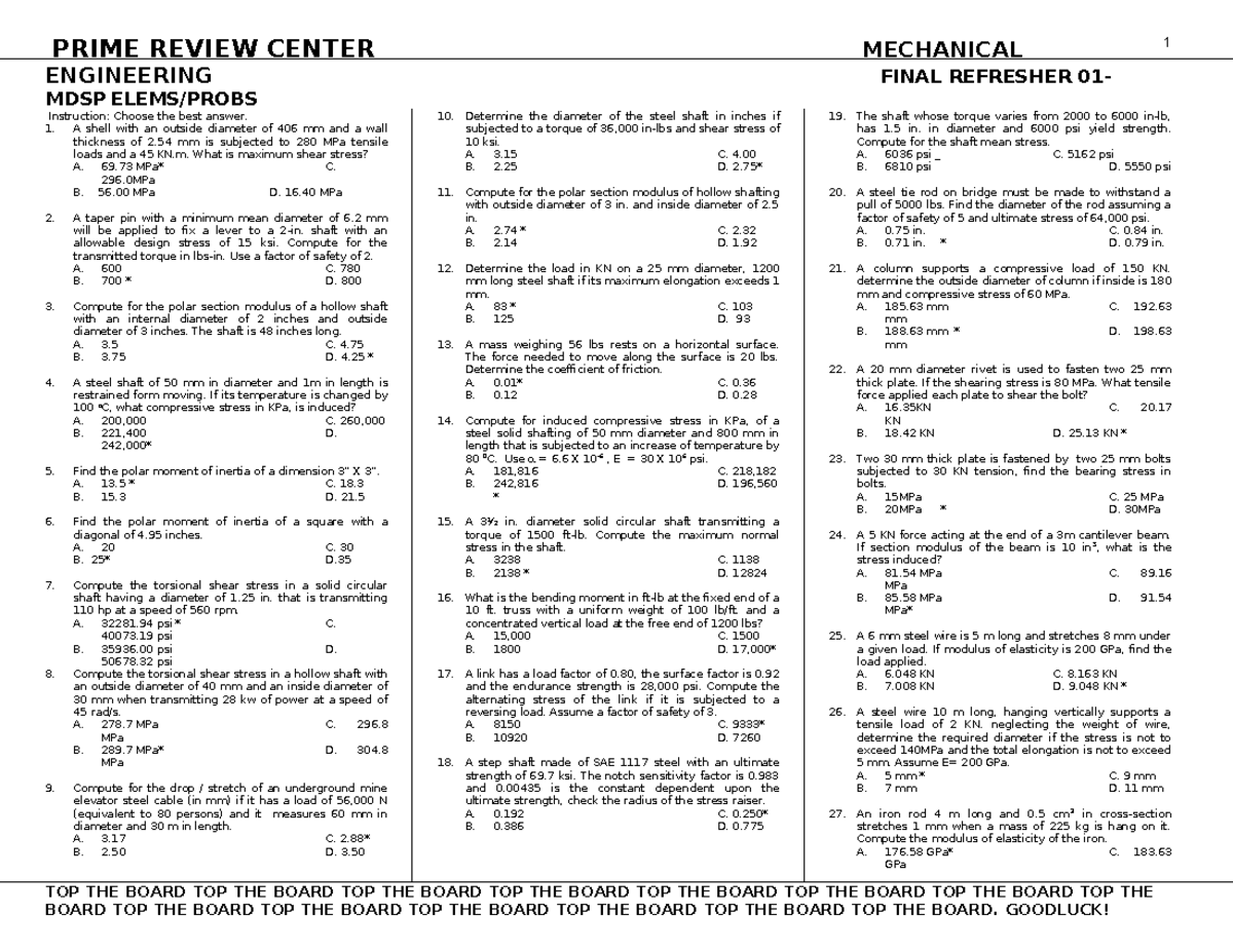 DONE Printing AUG 2022 - MDSP Refresher WITH ANS - PRIME REVIEW CENTER MECHANICAL ENGINEERING ...