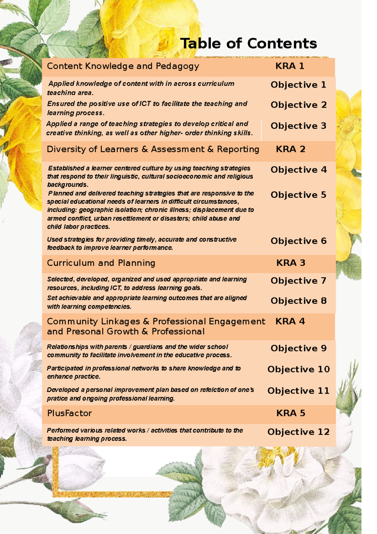 Table of contents - Diversity of Learners & Assessment & Reporting KRA ...